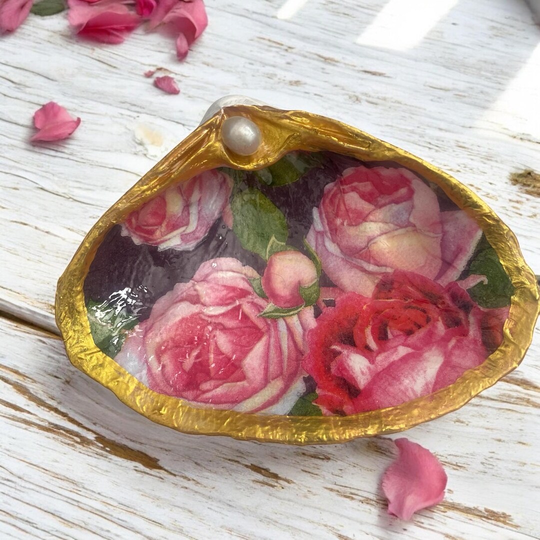 Roses Decoupage Clam Shell Trinket Dish With Genuine Pearl / Pink Roses ...