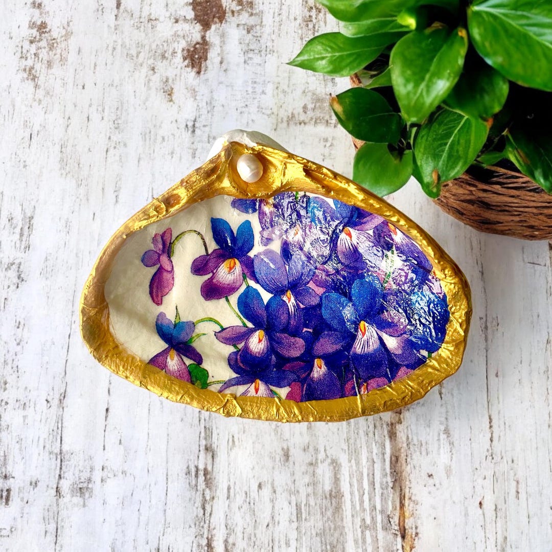 Violets Decoupage Clam Shell Trinket Dish With Genuine Pearl & Gold ...