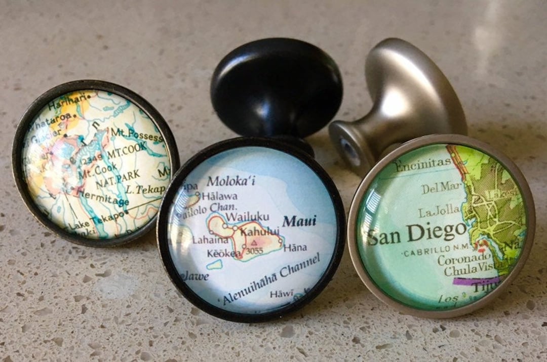 Custom MAP CABINET KNOB / Map Drawer Pull / Glass Domed Nickel, Bronze ...