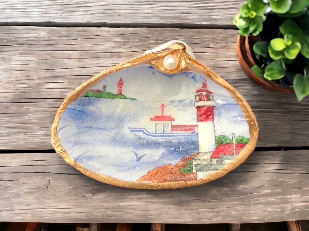 Lighthouse Scene Decoupage Clam Shell Trinket Dish With Genuine Pearl ...