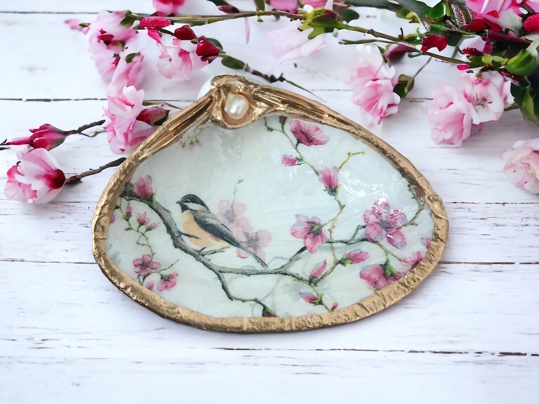 Decoupage Clam Shell Trinket Dish With Genuine Pearl / Bird & Cherry ...