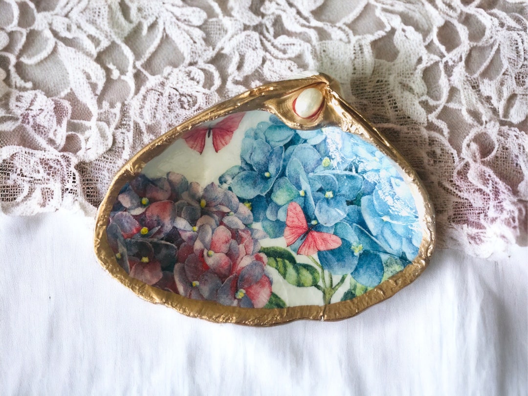 Hydrangeas Decoupage Clam Shell Trinket Dish With Genuine Pearl & Gold ...