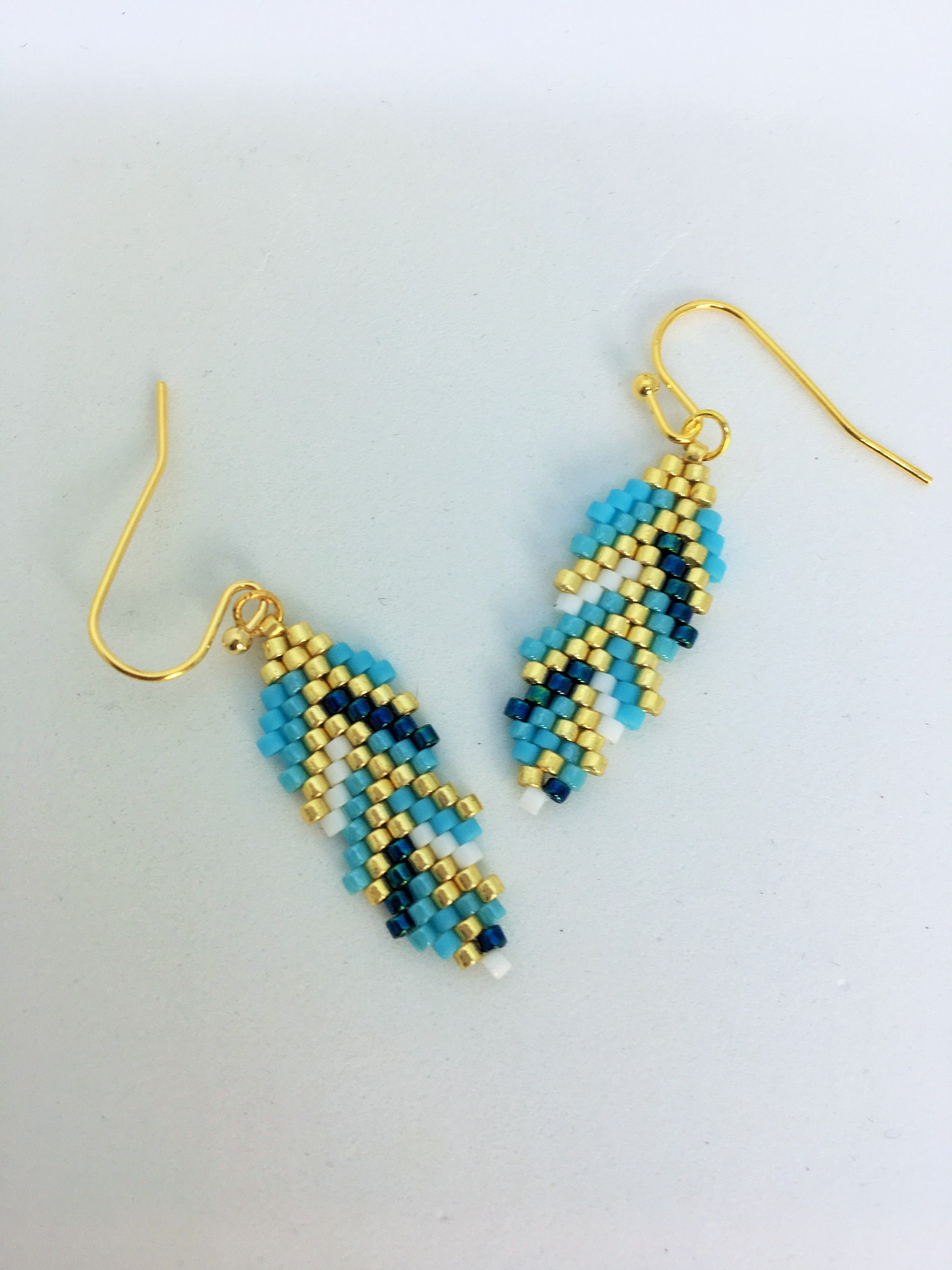 Delicate Seed Bead FEATHER EARRINGS / Turquoise Blue White & Gold ...