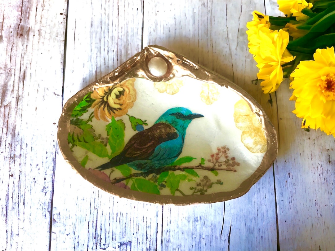 Decoupage Clam Shell Trinket Dish With Genuine Pearl / Tropical Bird ...