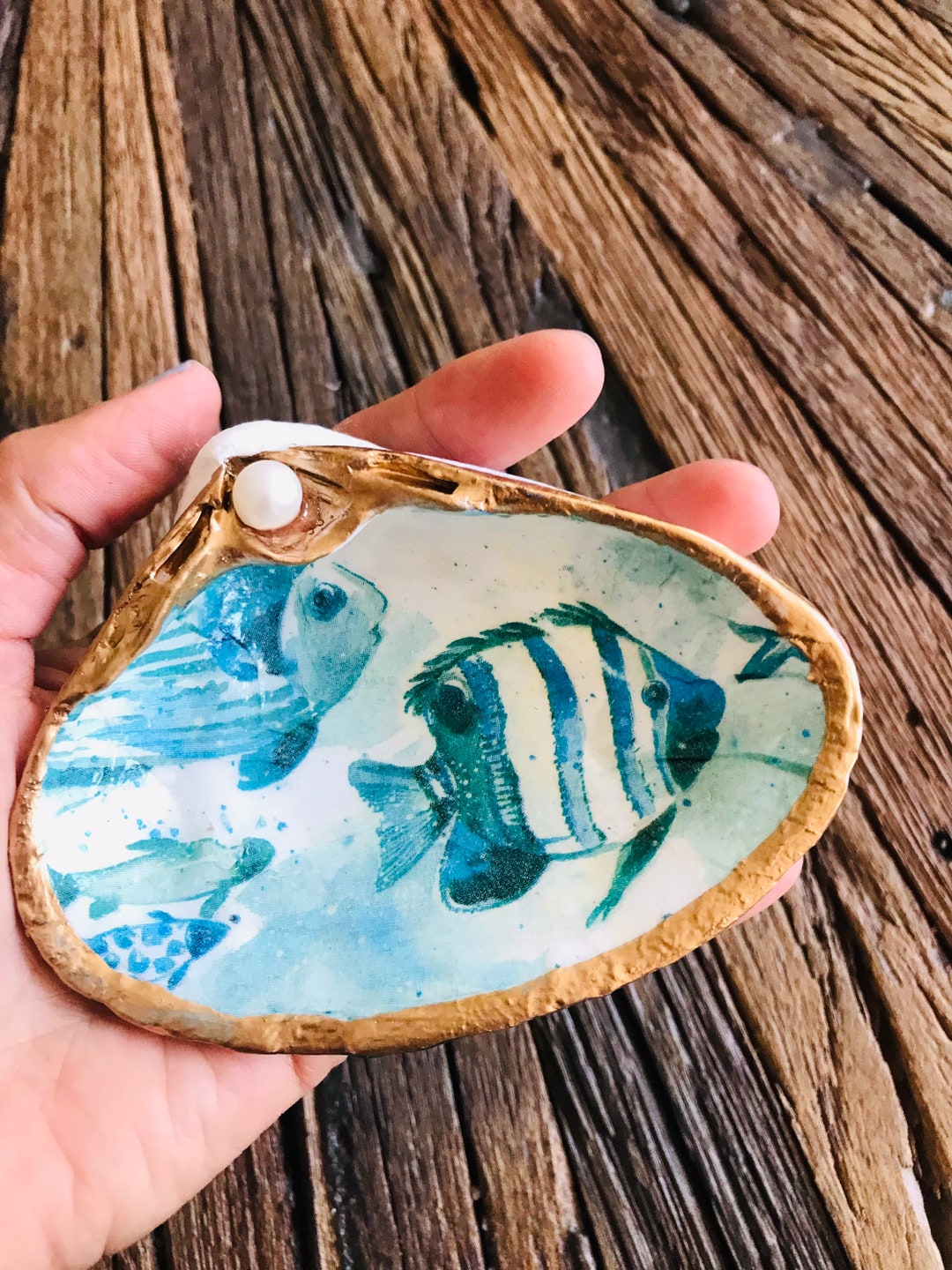 Decoupage Clam Shell Trinket Dish With Genuine Pearl / Tropical Fish - Etsy