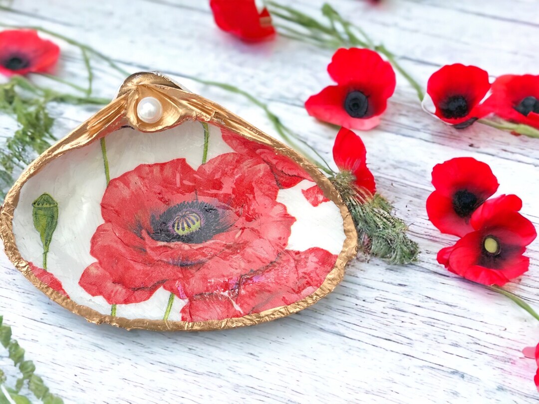 Poppy Flowers Decoupage Clam Shell Trinket Dish With Genuine Pearl ...