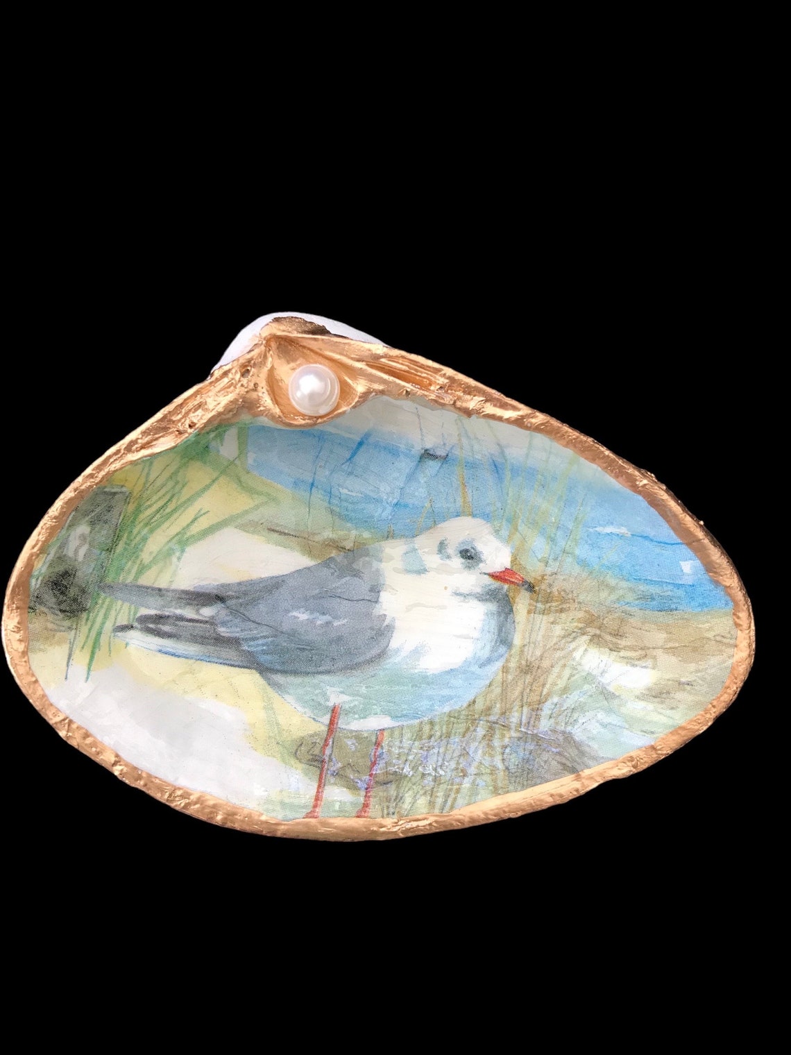 Seagull Decoupage Clam Shell Trinket Dish With Genuine Pearl & Gold ...