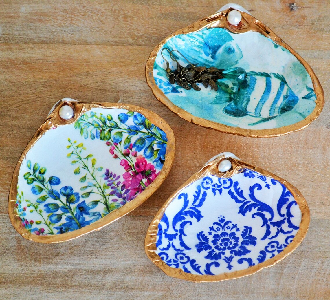 Decoupage Clam Shell Trinket Dish With Genuine Pearl / Bird & Cherry ...