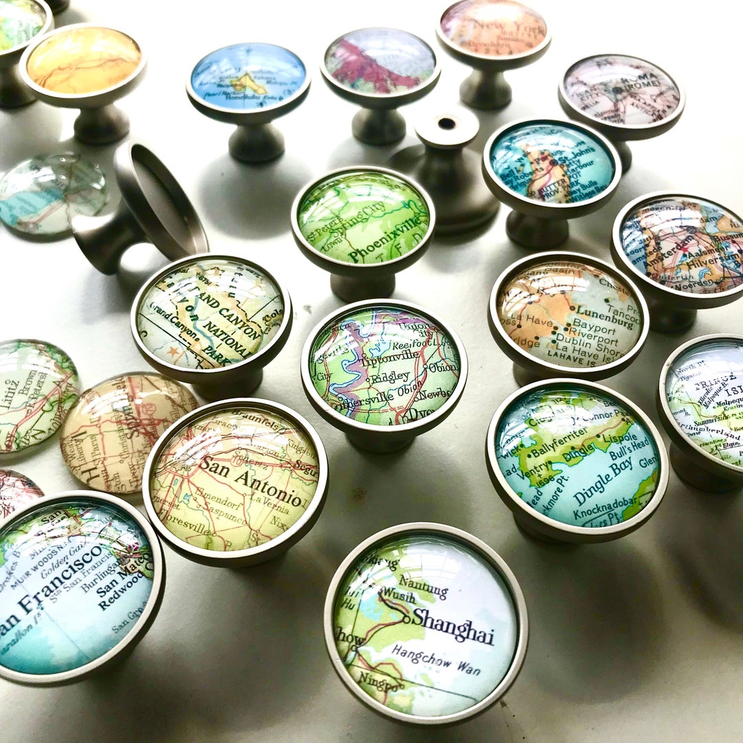 Custom MAP CABINET KNOB / Map Drawer Pull / Glass Domed Nickel, Bronze ...