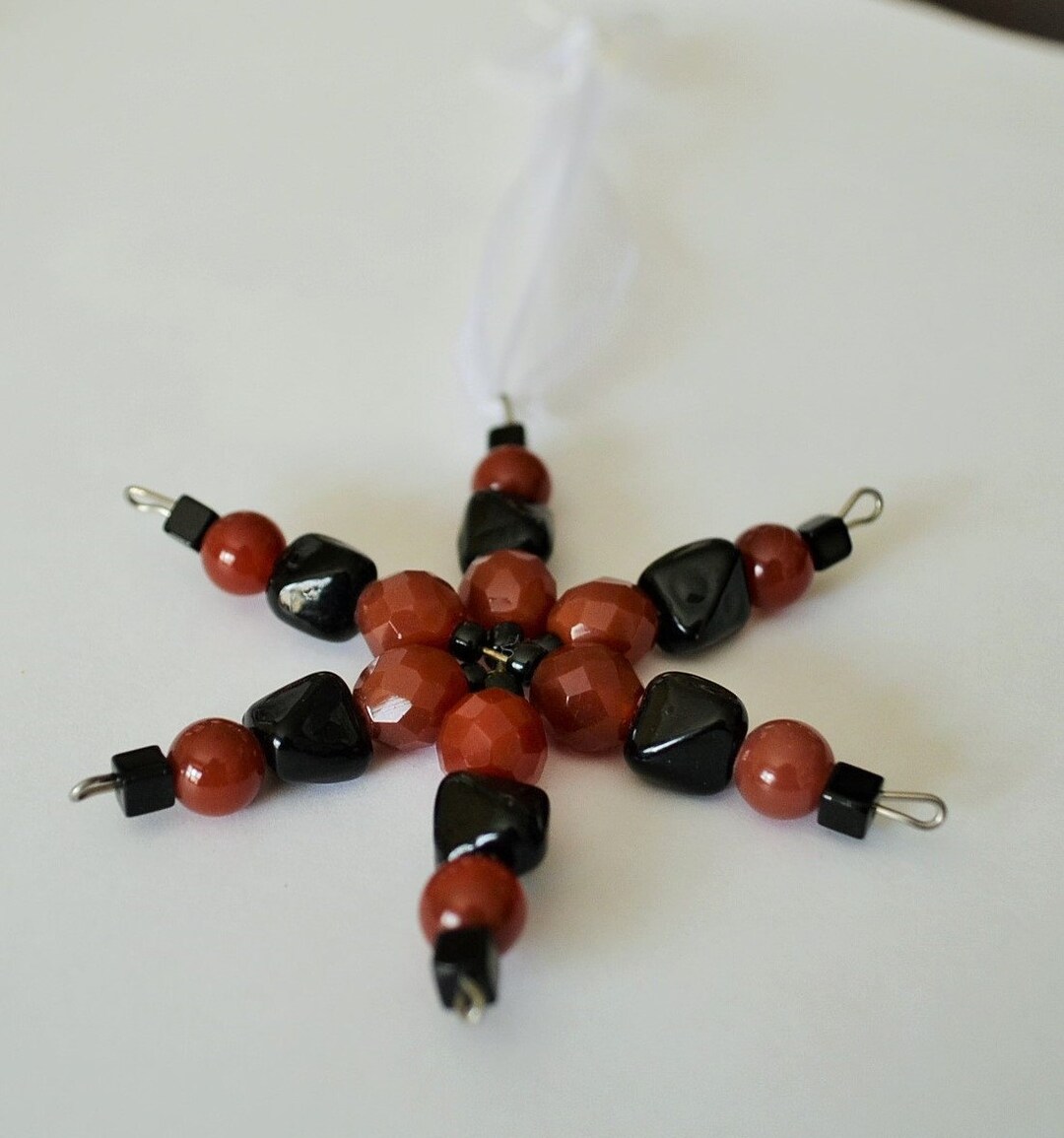 Beaded SNOWFLAKE ORNAMENT / Carnelian & Black Glass Beads / Suncatcher ...