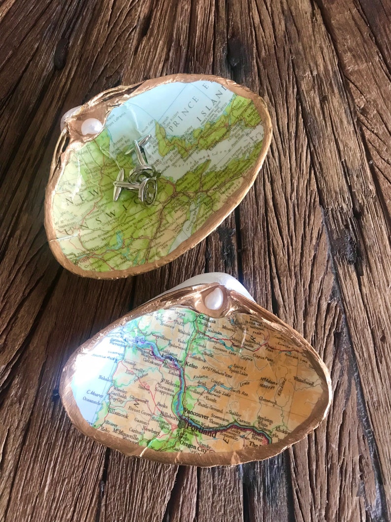 Custom Map Decoupage Clam Shell Trinket Dish With Genuine - Etsy