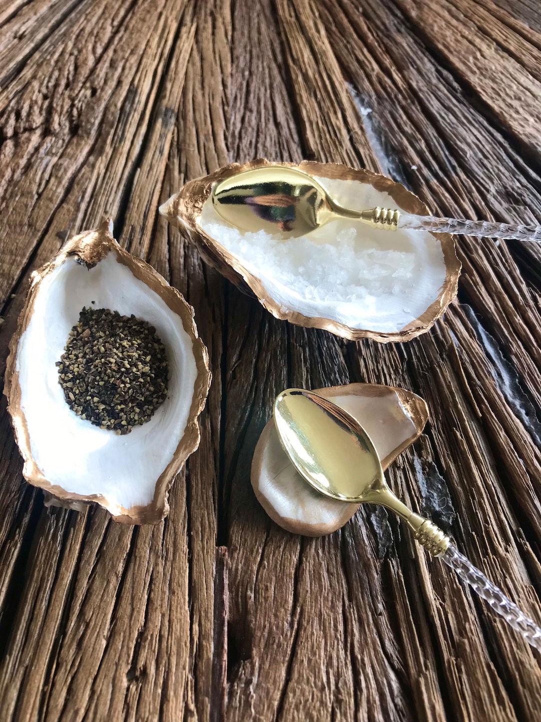 Gilded Oyster Shell Salt and Pepper Set / Spice Cellar Pinch Pots ...