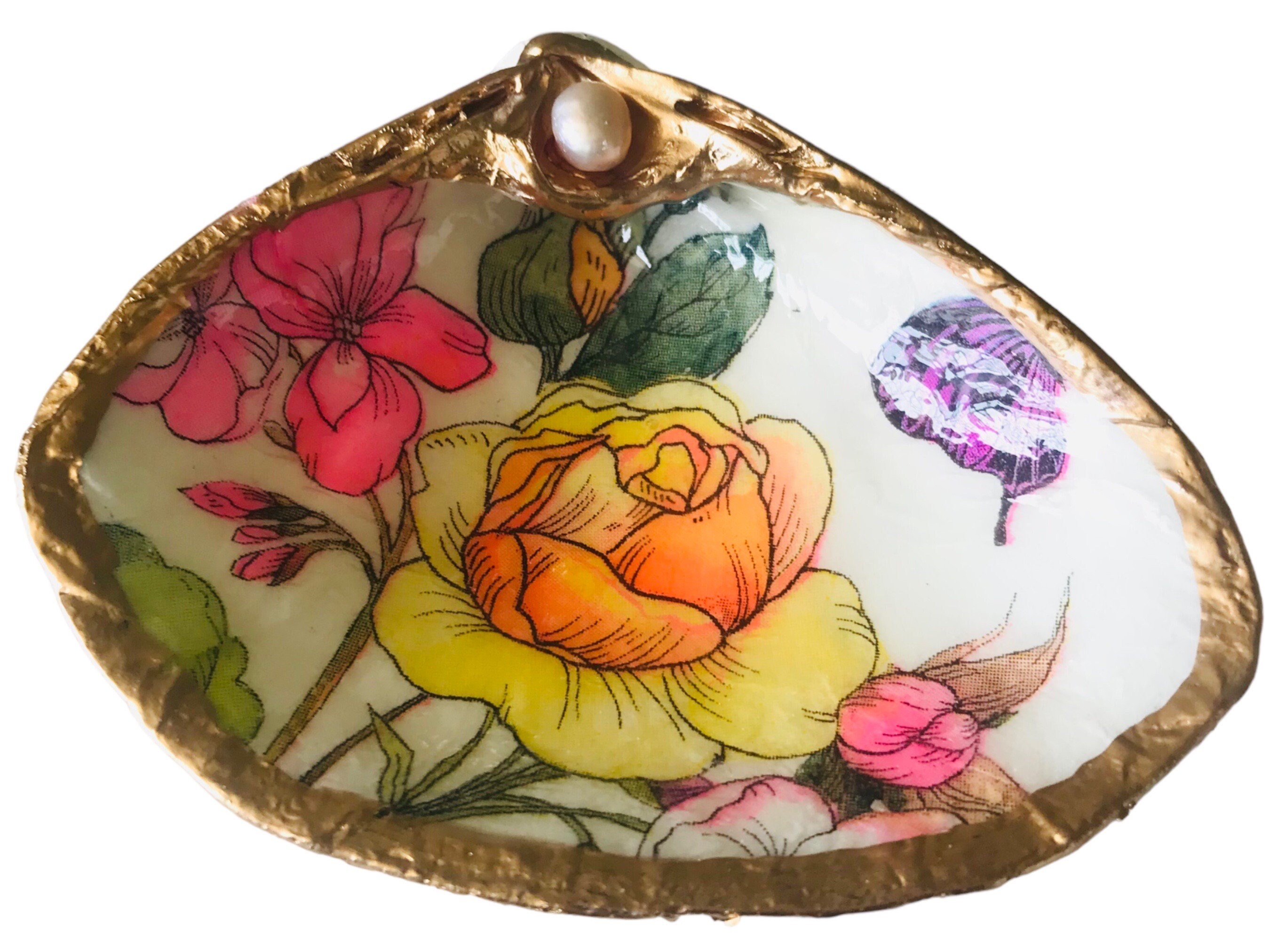 Roses Decoupage Clam Shell Trinket Dish With Genuine Pearl & Gold Leaf ...