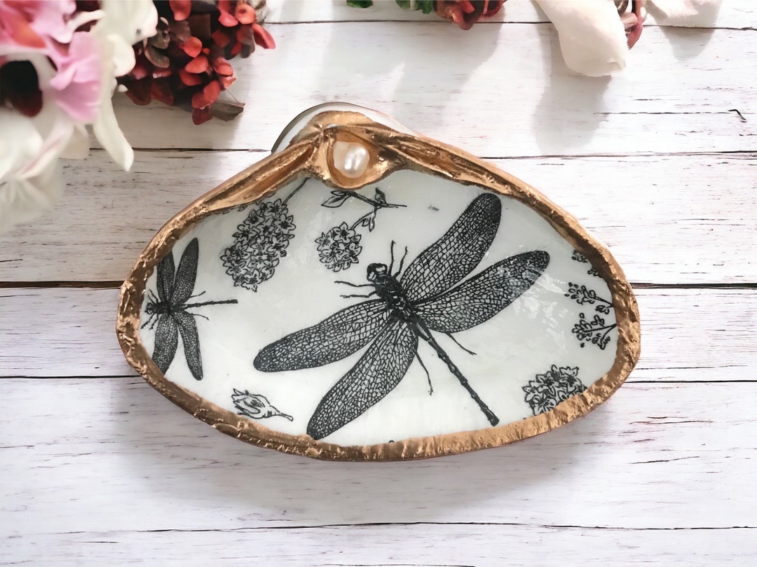 Decoupage Clam Shell Trinket Dish With Genuine Pearl / Dragonfly Design ...