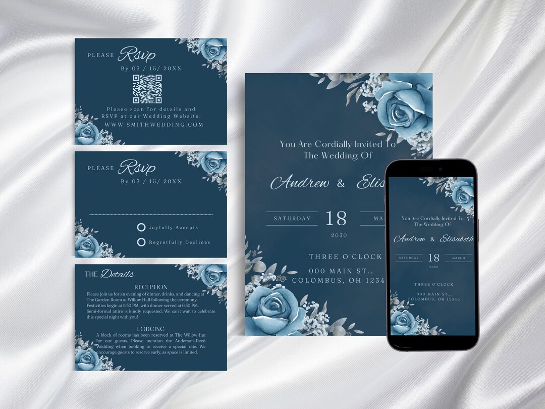 Deep Blue Wedding Floral Invitation: Wedding Stationary, Printable ...