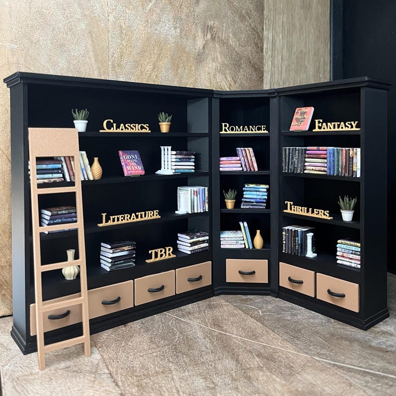 Miniature Corner Library 1:12 Scale - Dollhouse Bookcase With Drawers ...
