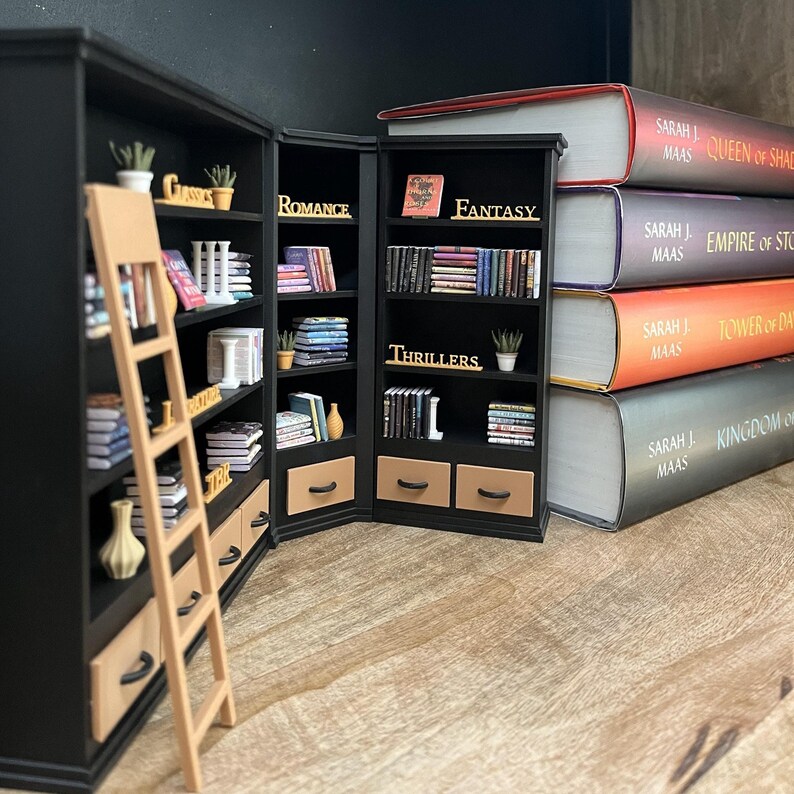 Miniature Corner Library 1:12 Scale - Dollhouse Bookcase With Drawers ...