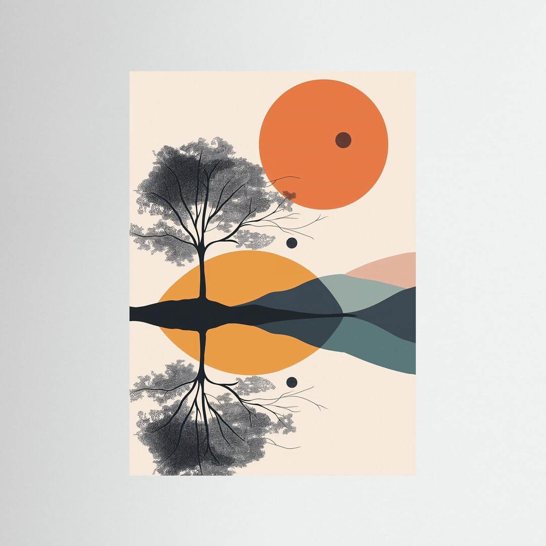 Driftex Abstract Scenery Art Print: Burnt Orange Sun, Teal Hills ...