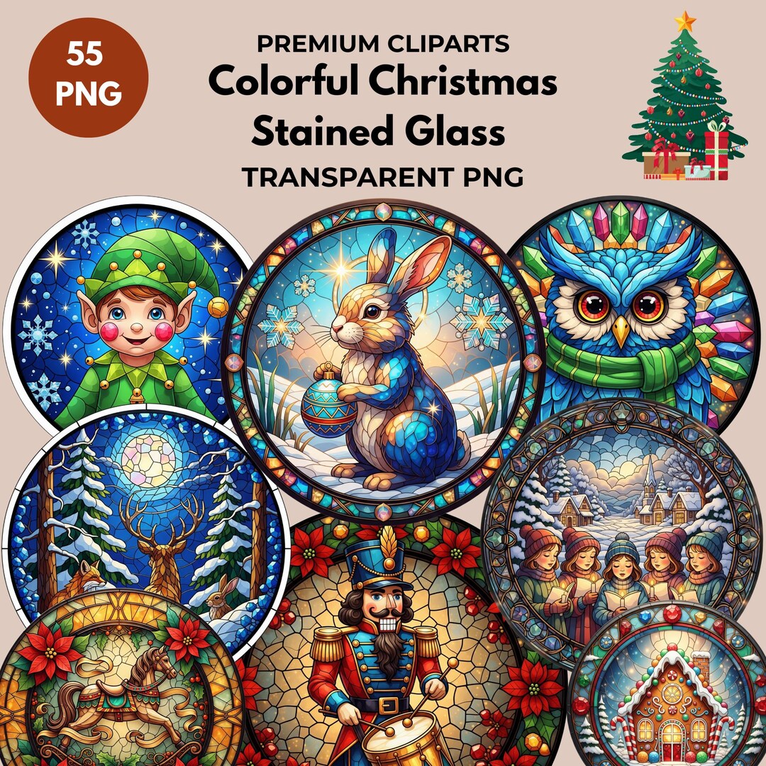 Christmas Stained Glass Clipart Bundle: Festive PNG Designs (55 PNG ...