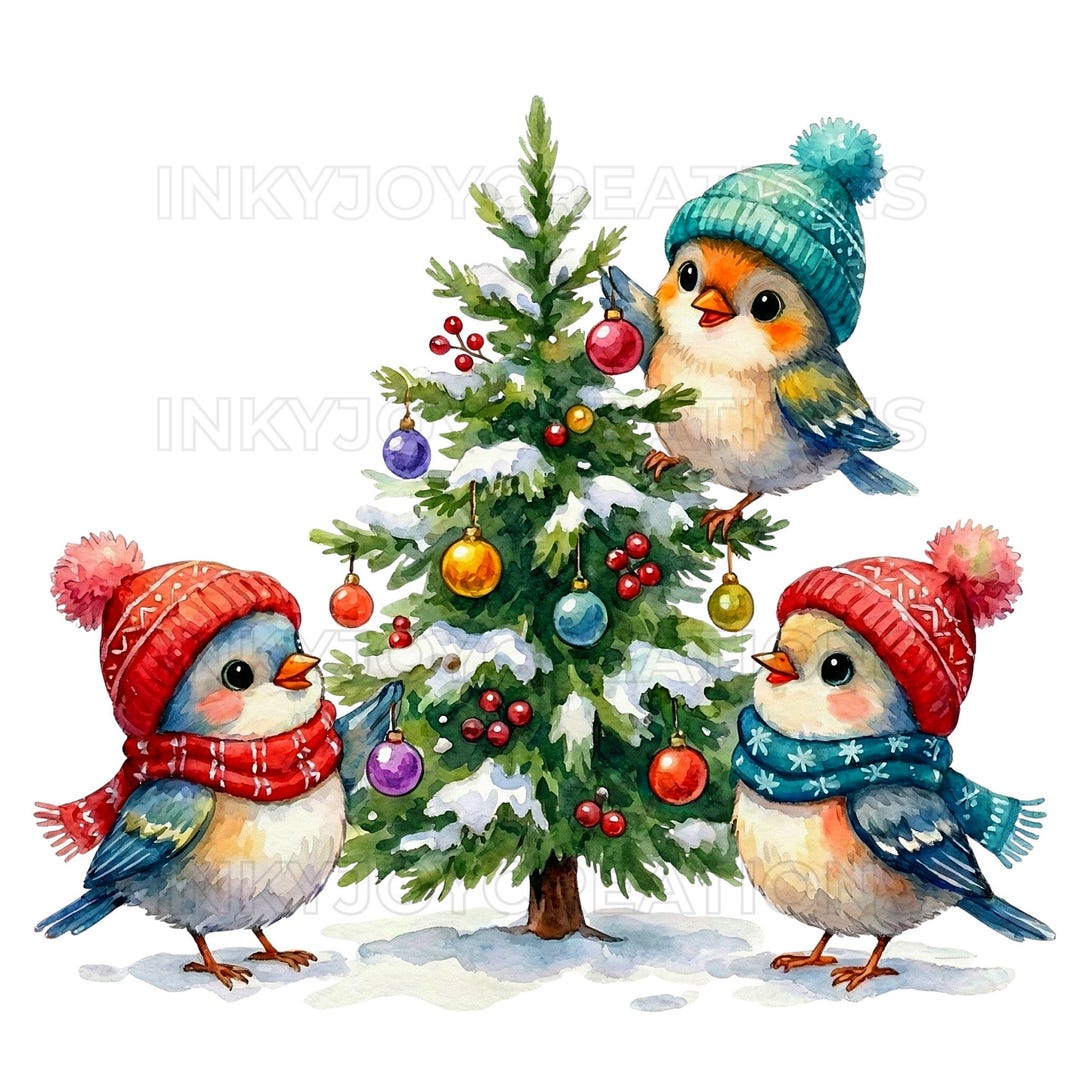 Cute Christmas Birds Clipart Bundle | Watercolor Winter Robins in Cozy ...