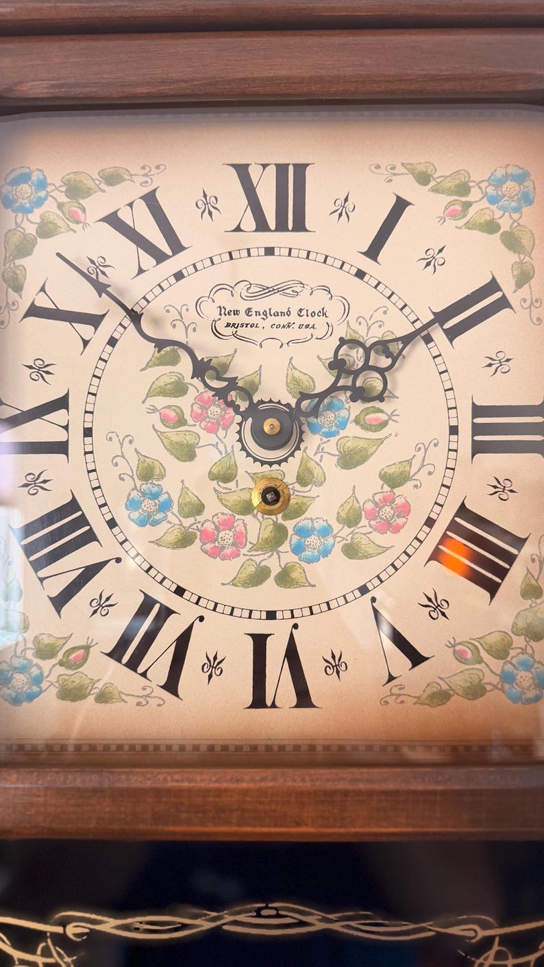 Vintage New England Clock Co. Pine Wall Clock – Floral Dial, Reverse ...