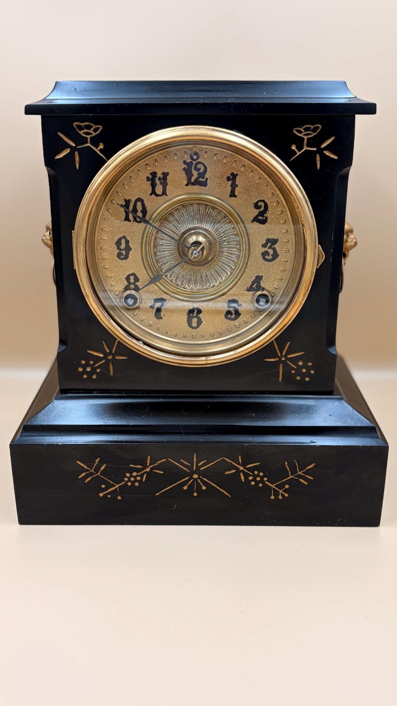 Antique Ansonia Mantel Clock, Black Enamel Cast Iron Case, Gold Dial - Etsy