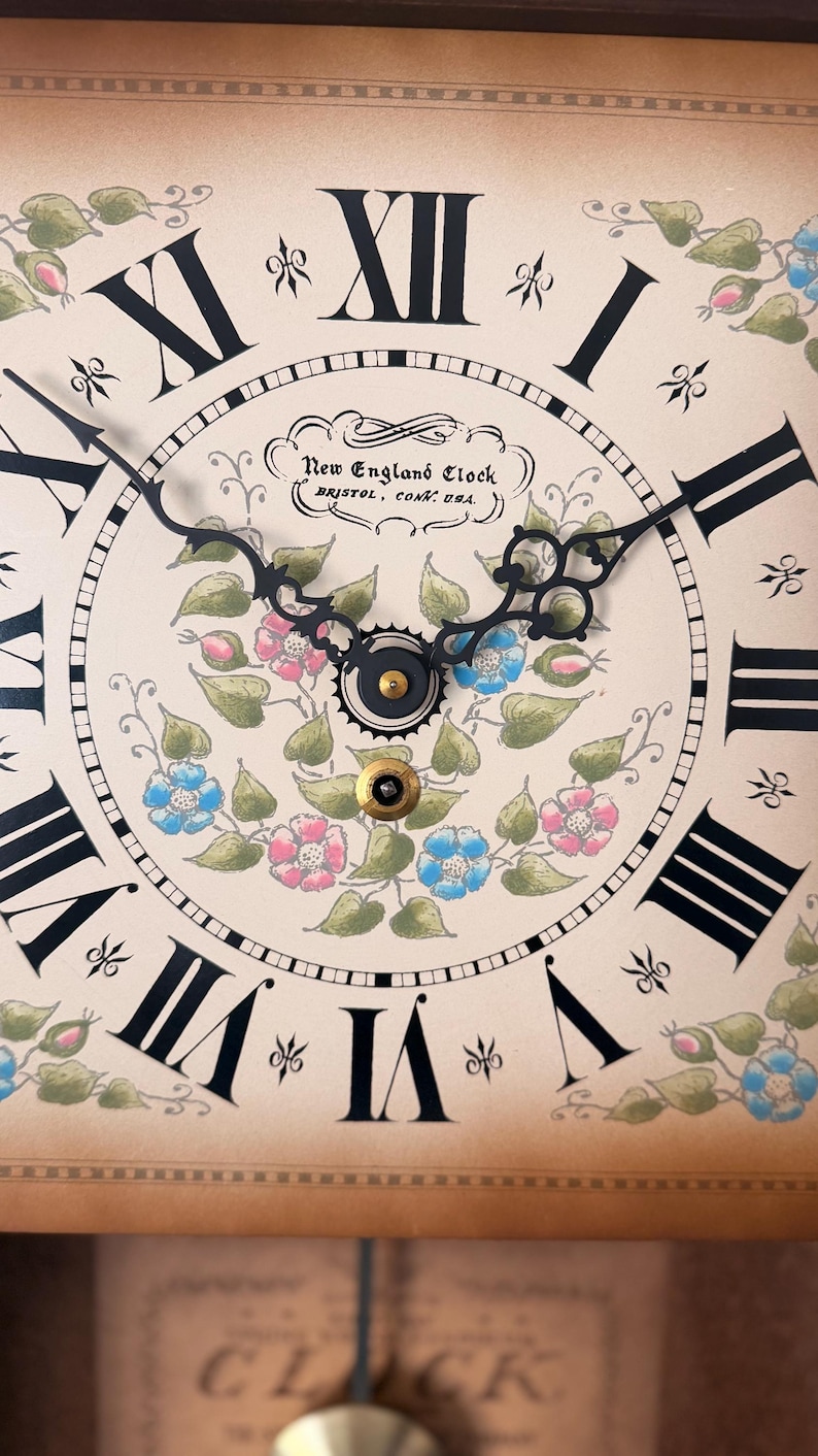 Vintage New England Clock Co. Pine Wall Clock – Floral Dial, Reverse ...