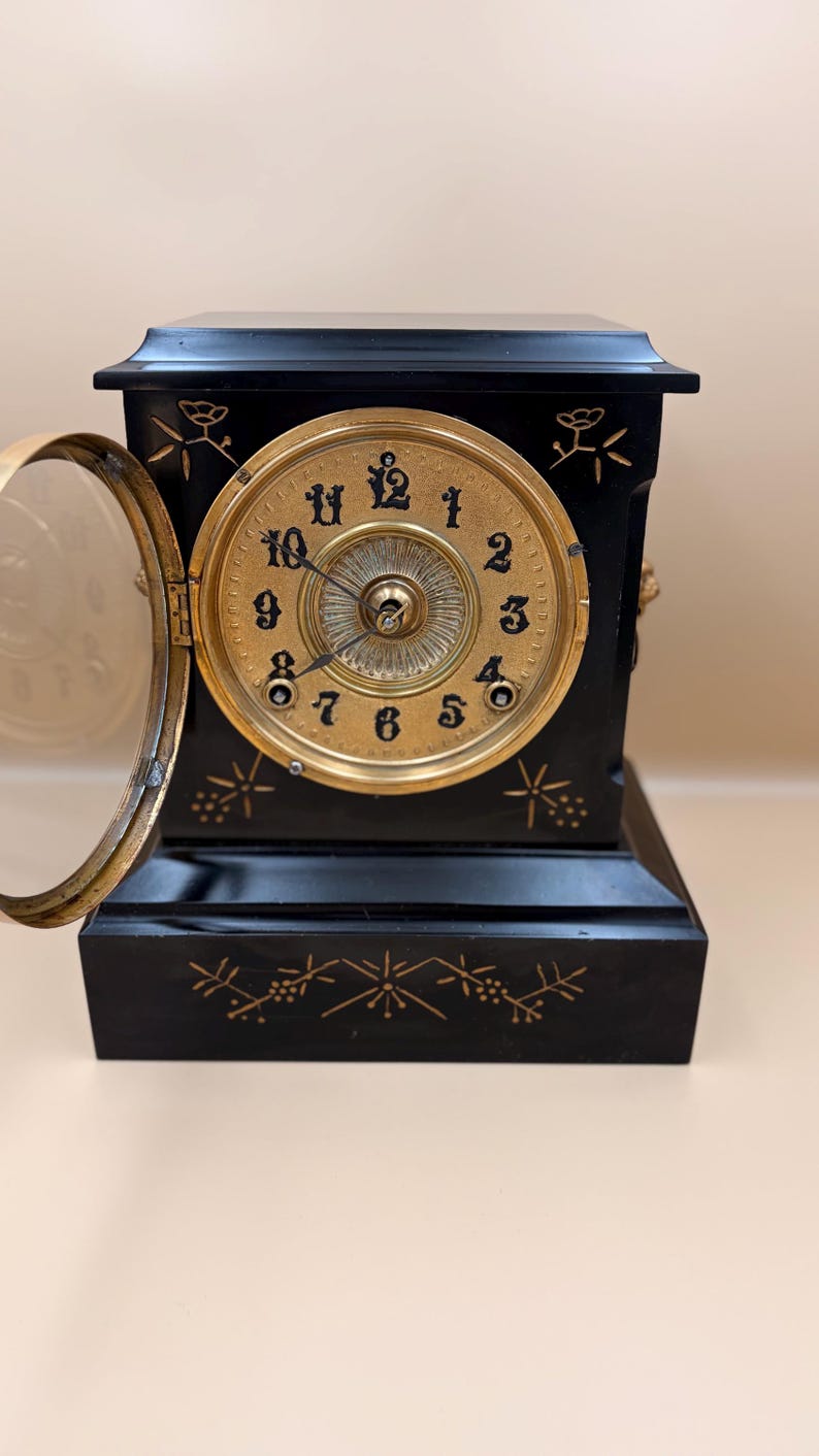 Antique Ansonia Mantel Clock, Black Enamel Cast Iron Case, Gold Dial - Etsy