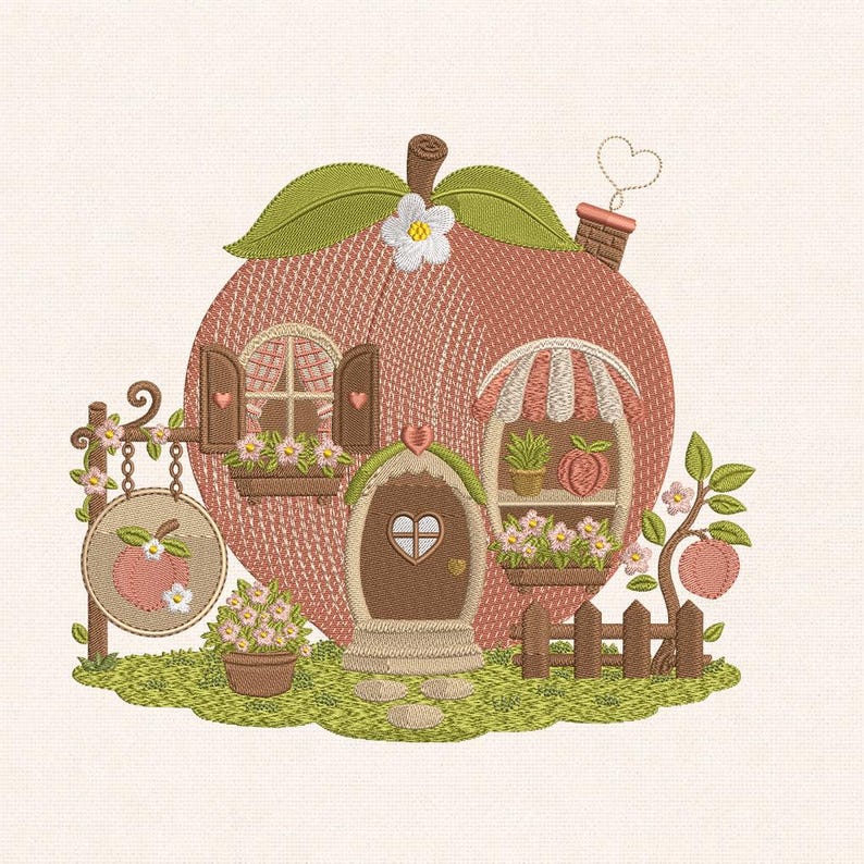 Peach Cottage Embroidery Design, Whimsical Floral Garden Decor (digital ...