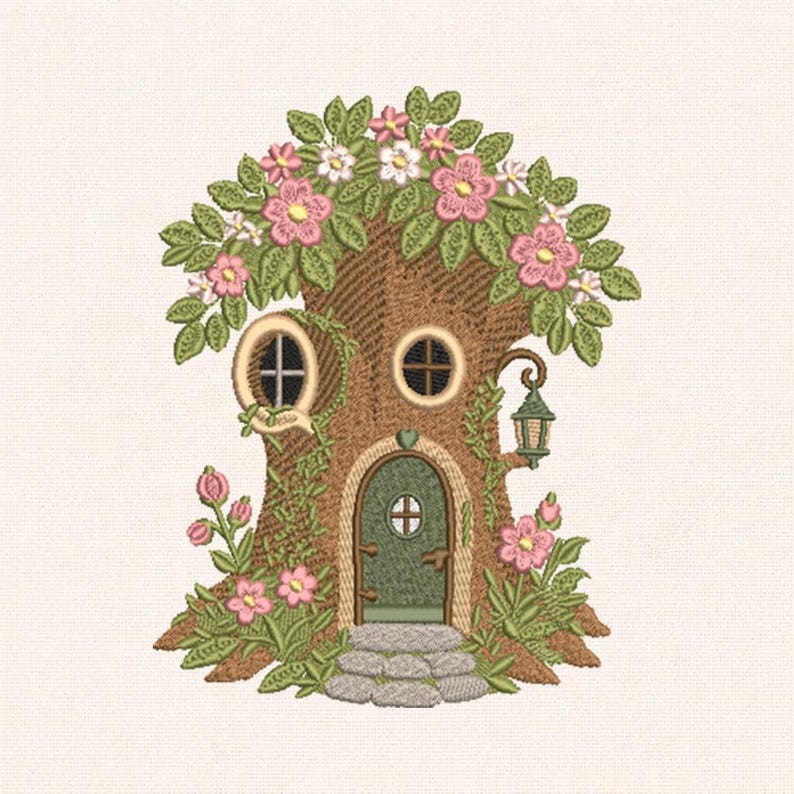 Tree Stump Fairy House Embroidery Design, Woodland Cottagecore Floral ...