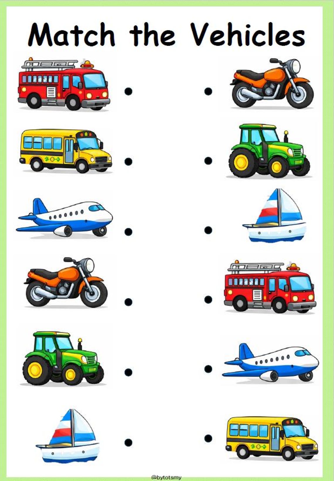 Printable Vehicle Matching Activity Worksheet (1 Pages) | Preschool ...