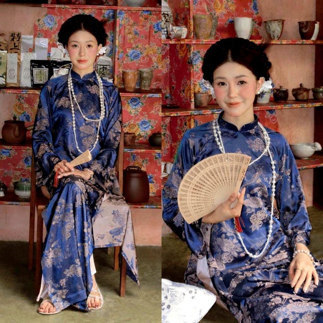 Pre-made Ao Dai Vietnamese, áo Dài Trúc Xuân Modern Dress, Long Sleeve ...