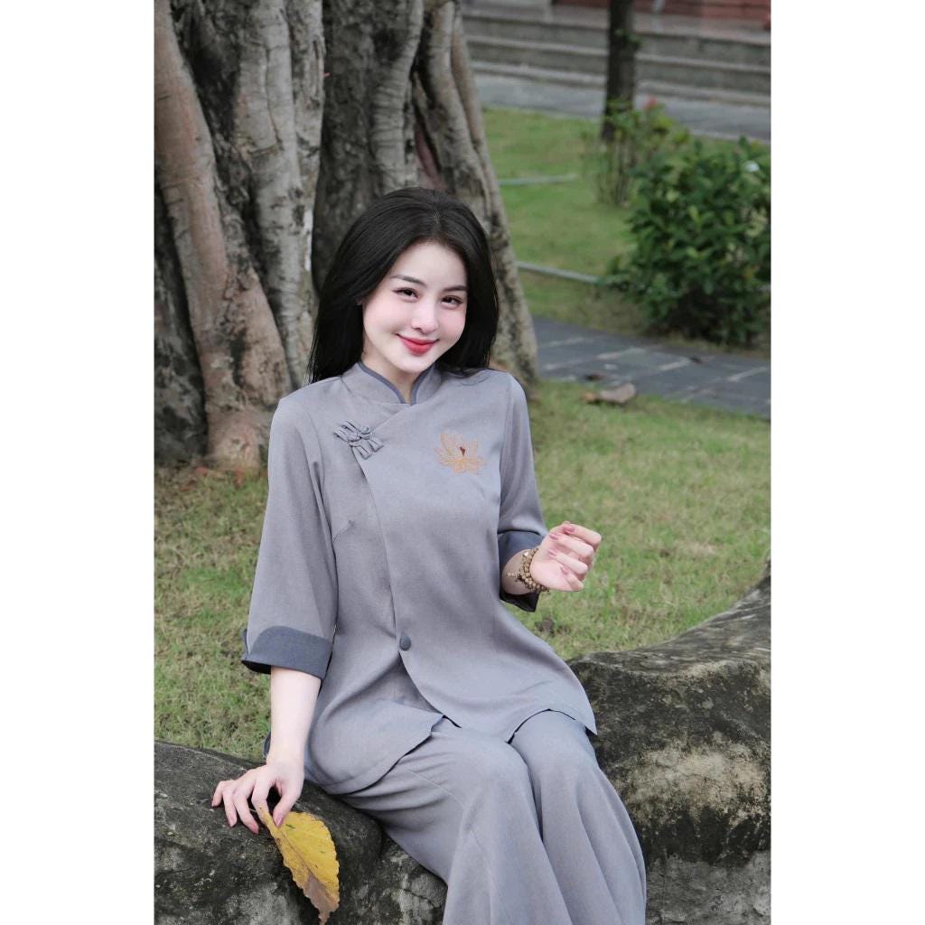 Pre-made, Women Buddhist Temple Outfit – Embroidered Lotus, Traditional ...