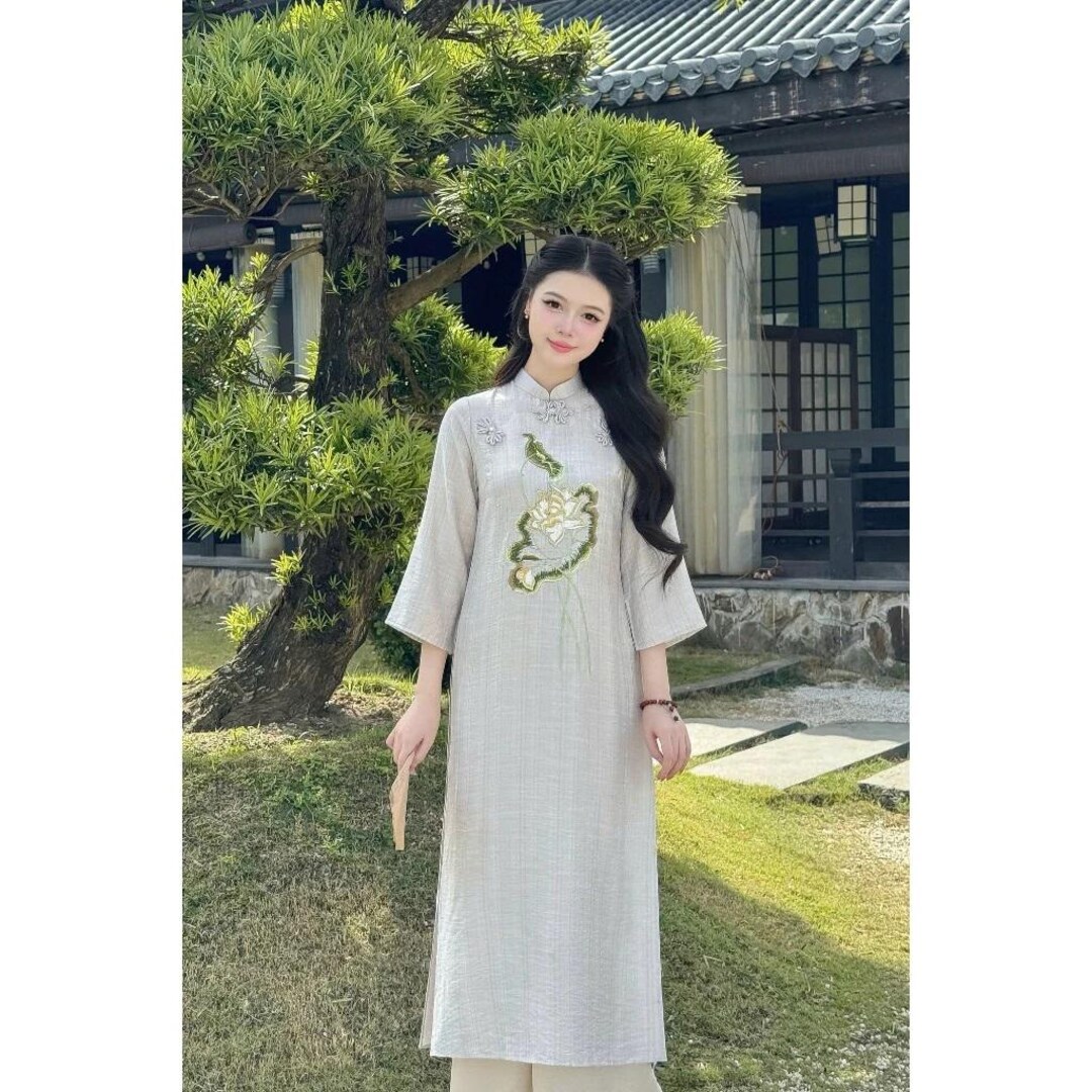 Pre-made, Women’s Temple Set, Gray Lotus Embroidered Temple Robe , Silk ...