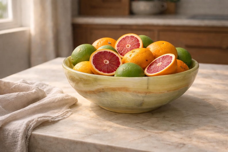 Handcrafted Marble Fruit Bowl for Kitchen Counter, Decorative Pedestal ...