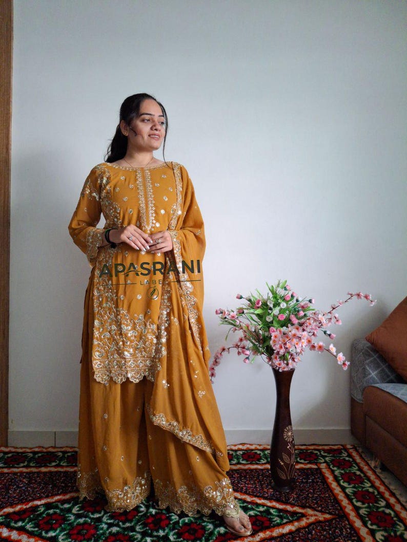 Mustard Embroidered Punjabi Suit: Faux Georgette Salwar Kameez With ...