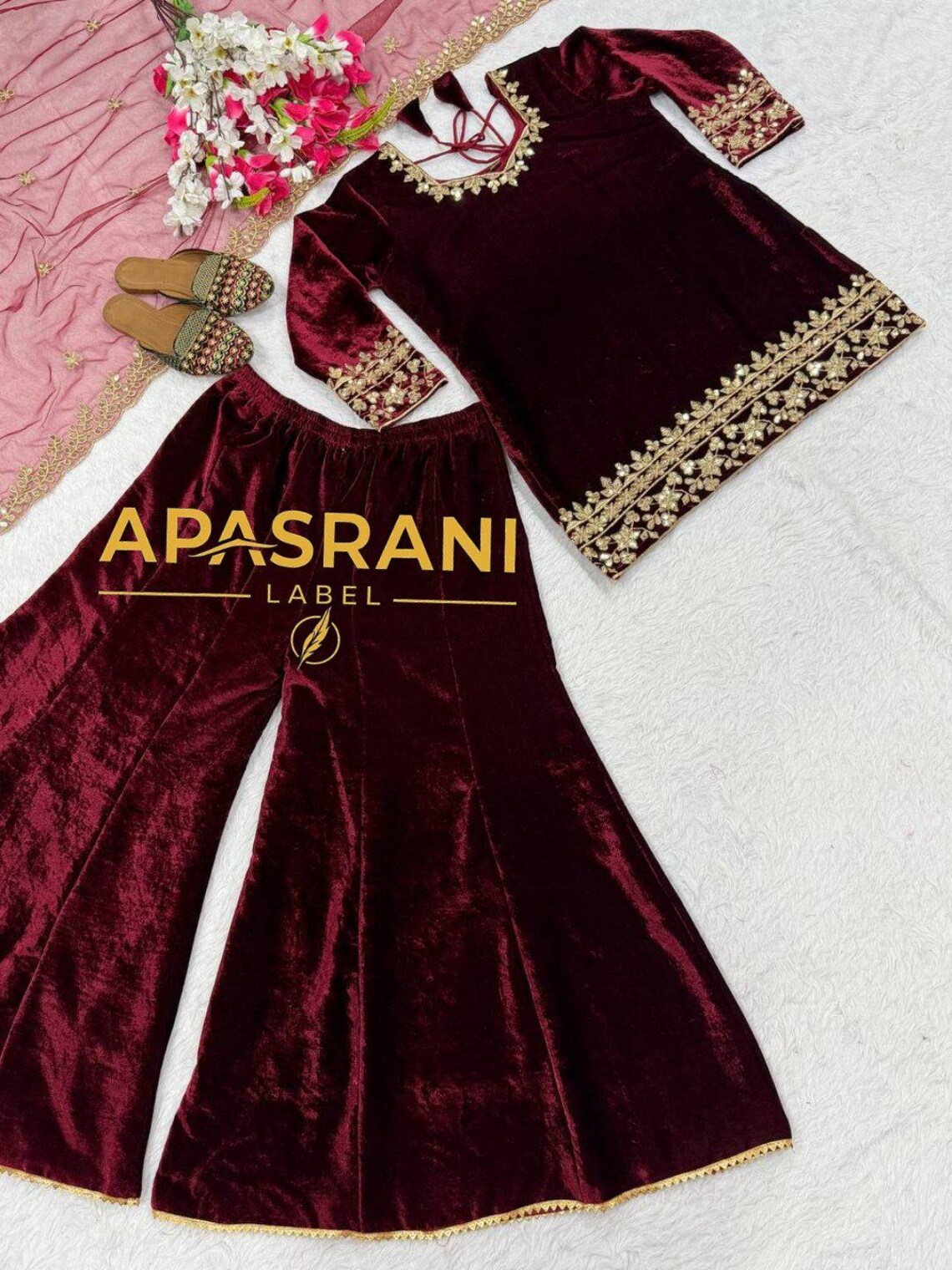 Maroon Velvet Embroidered Sharara Set With Dupatta | Royal Indian Party ...