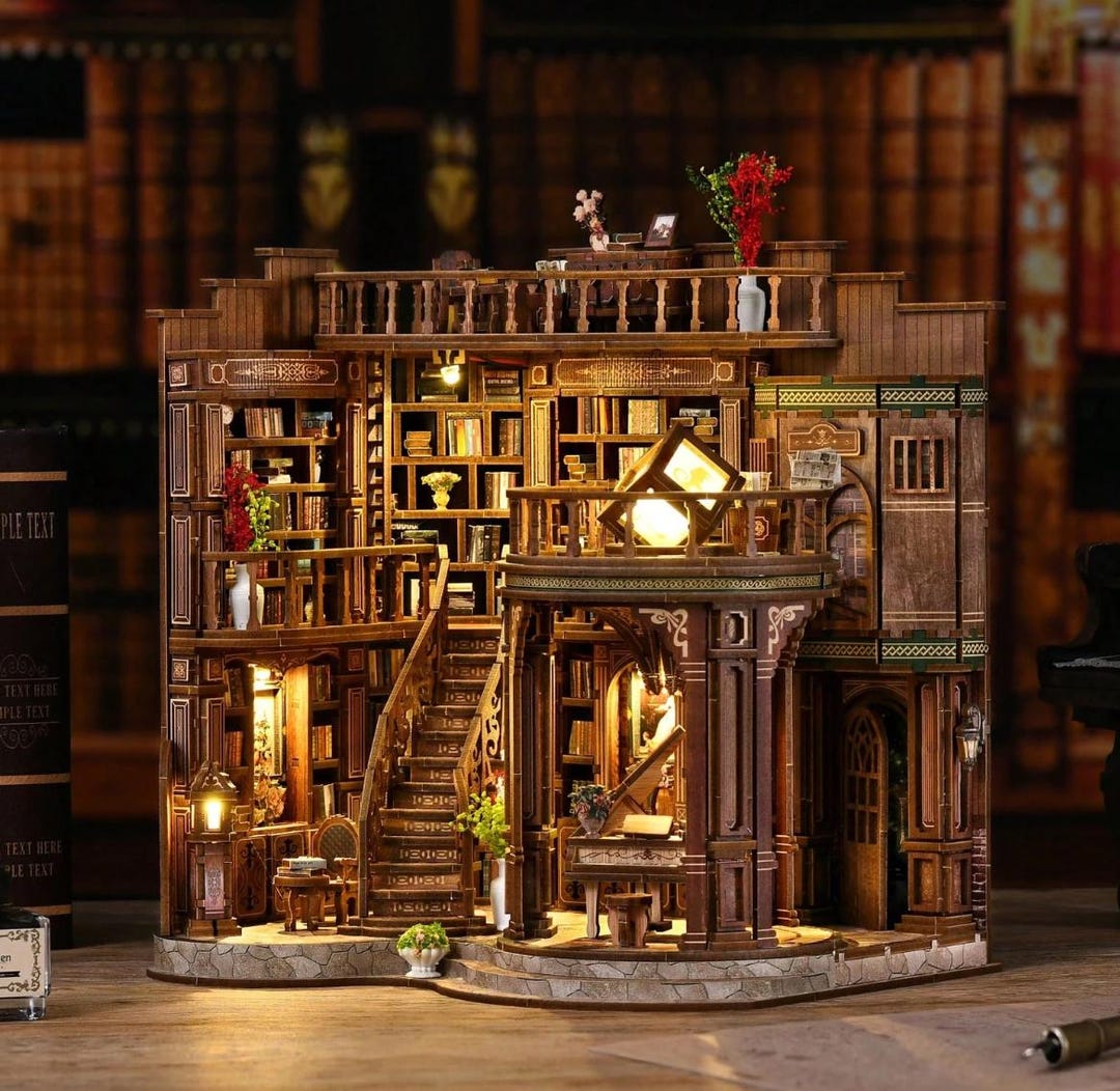 DIY Miniature Library Kit With LED Lights – Wooden Bookstore Dollhouse ...