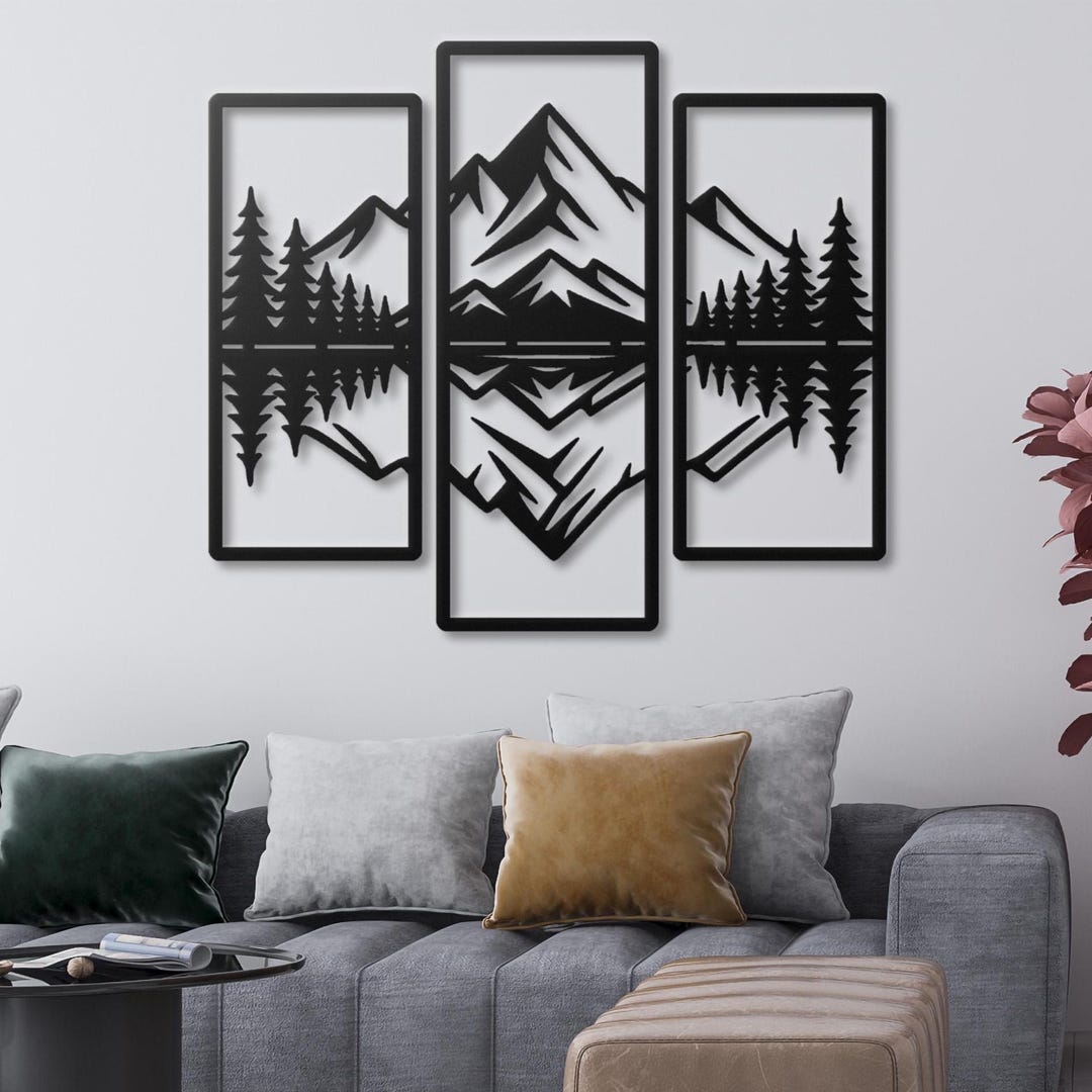 3 Piece Metal Wall Art Mountain Wall Decor, Forest and Lake Triptych ...