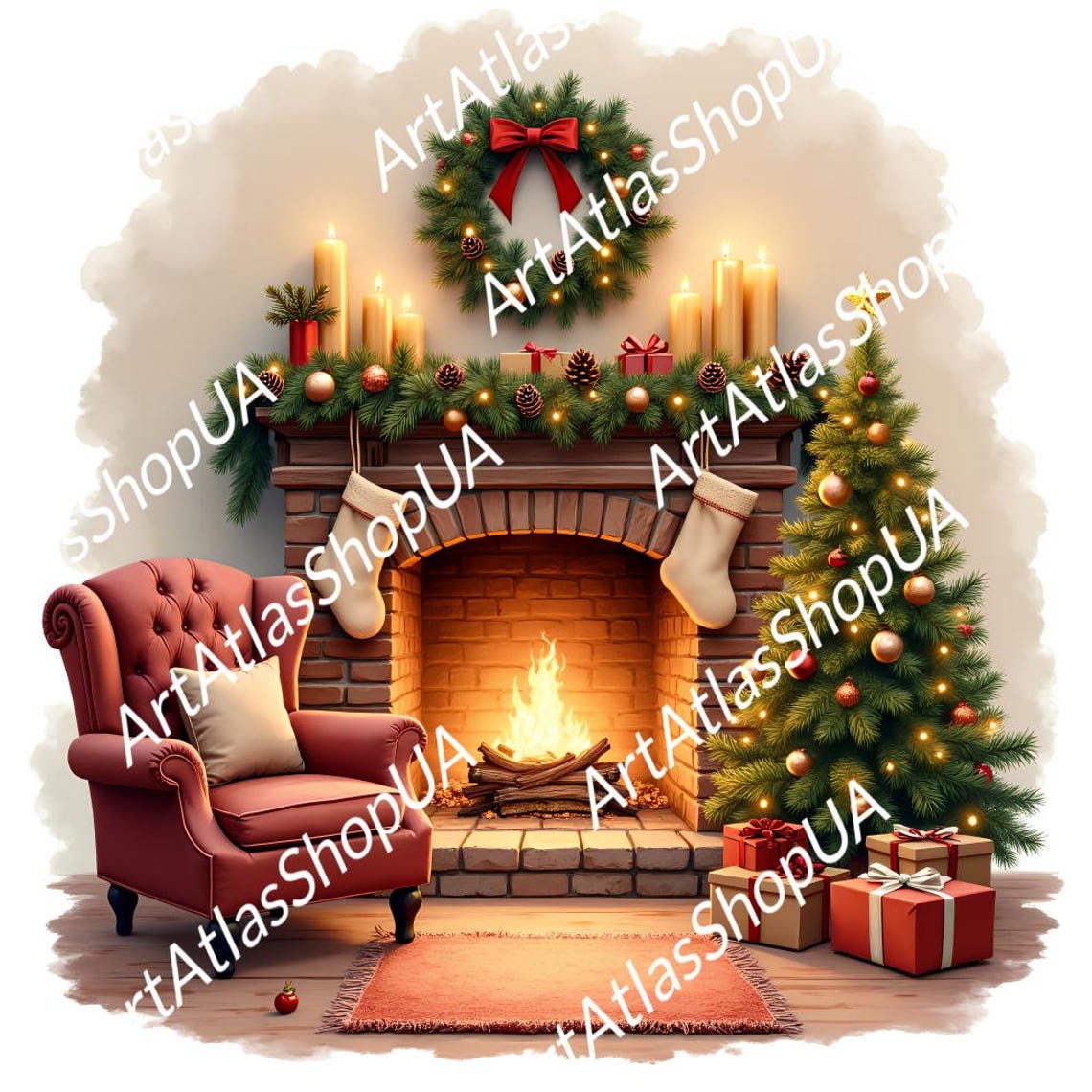 Cozy Christmas Fireplace Watercolor Posters — 20 JPG, 300 DPI ...
