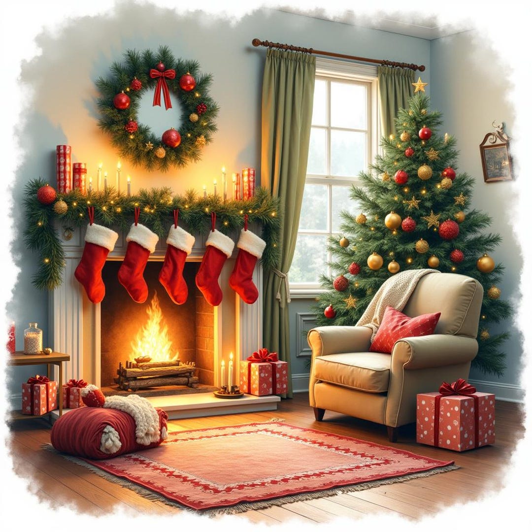 Cozy Christmas Room Clipart – Vintage Watercolor Living Room Scenes (20 ...