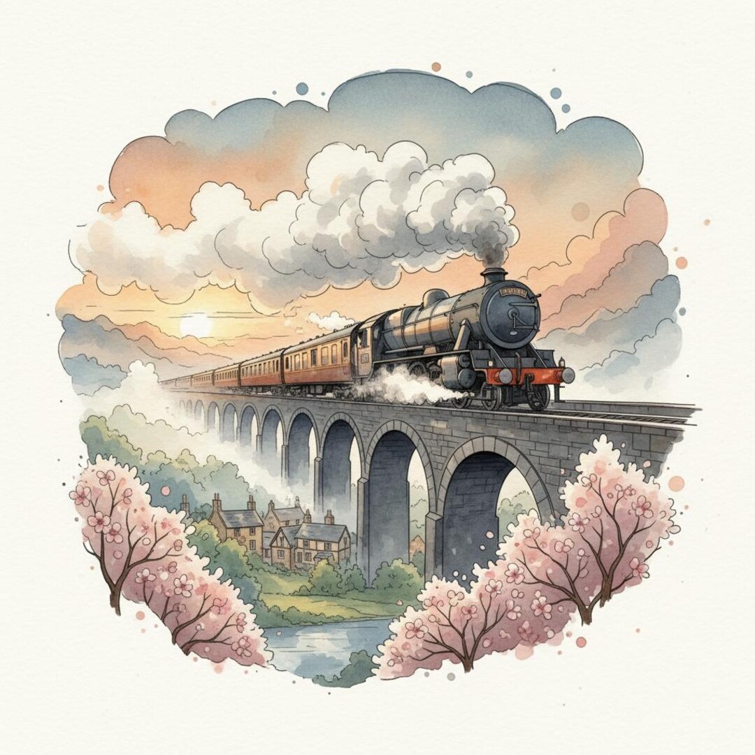 Vintage Steam Train Watercolor Prints Set (20 JPG) High Resolution ...