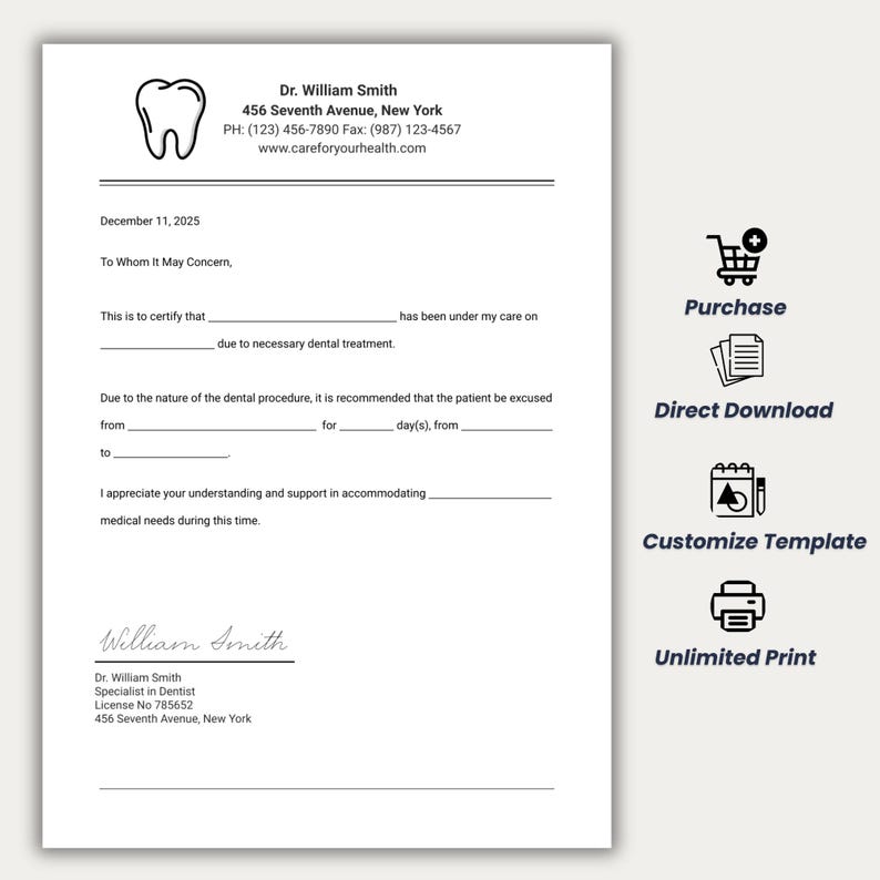 Editable Dentist Excuse Note Template (PDF, Word, Google Docs) - Etsy