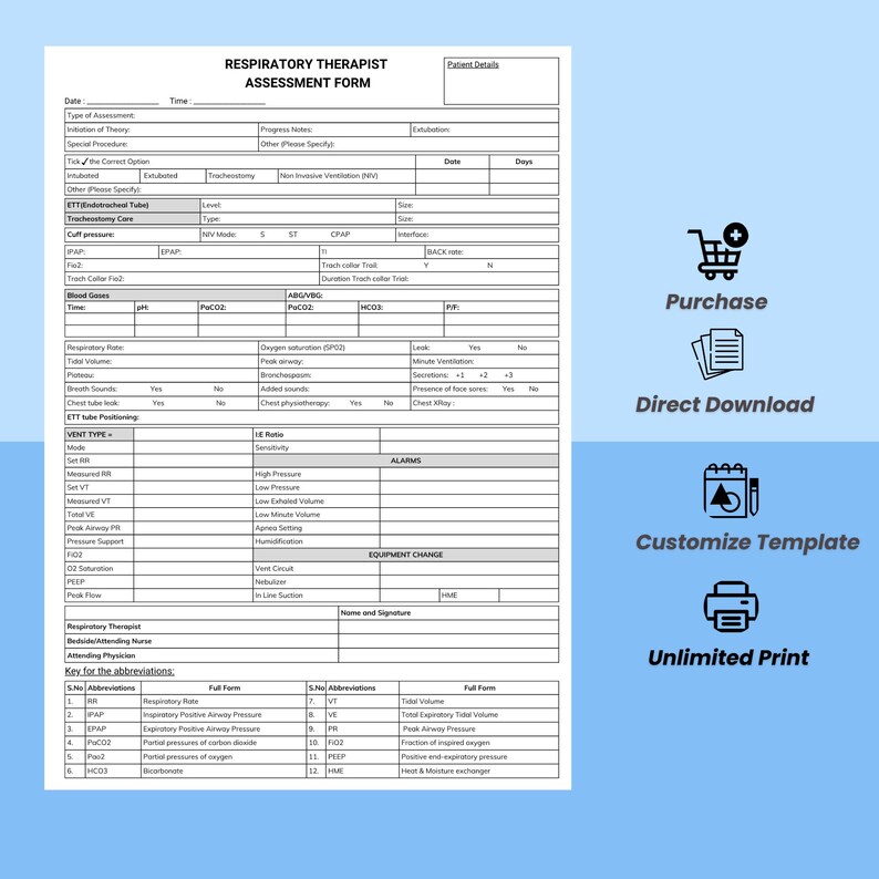 Respiratory Therapist Report Sheet | ICU Report | RT Assessment Form ...