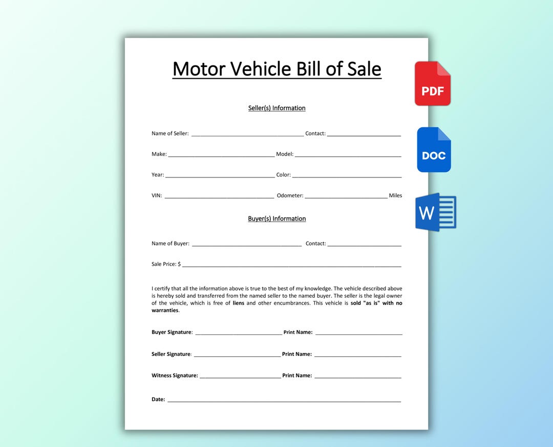 Motor Vehicle Bill of Sale Form (PDF, DOC) - Etsy