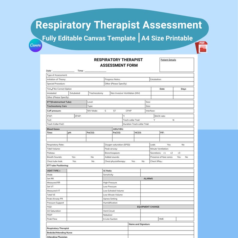 Respiratory Therapist Report Sheet | ICU Report | RT Assessment Form ...