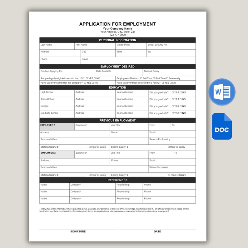 Editable Job Application Template: US Letter & A4 (google Docs, Word ...