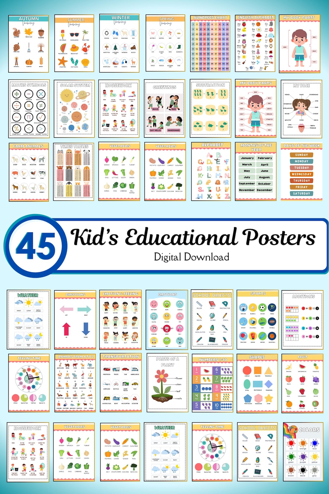 Preschool Learning Posters Bundle | 45 Kids Educational Prints (digital ...