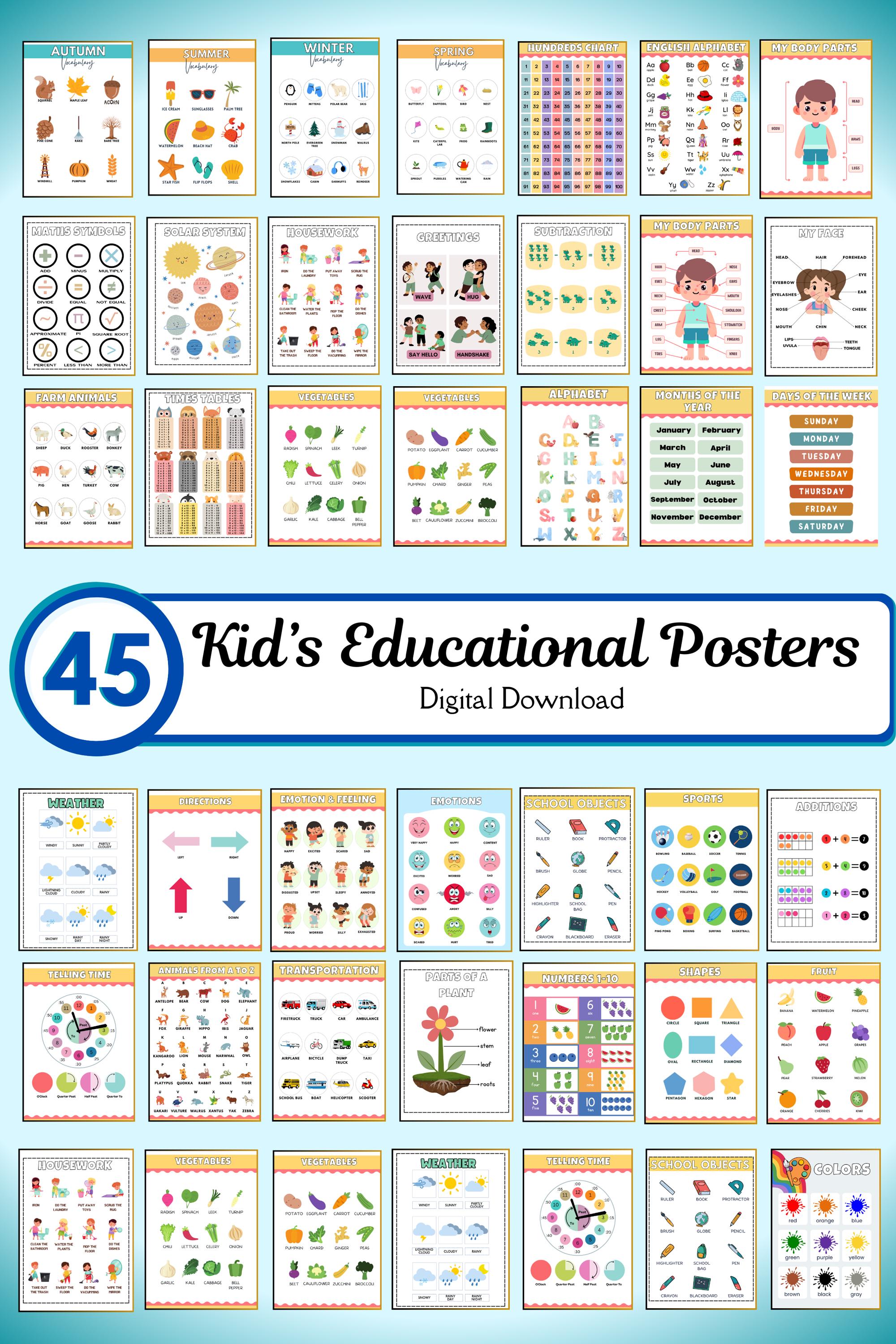 Preschool Learning Posters Bundle | 45 Kids Educational Prints (digital ...