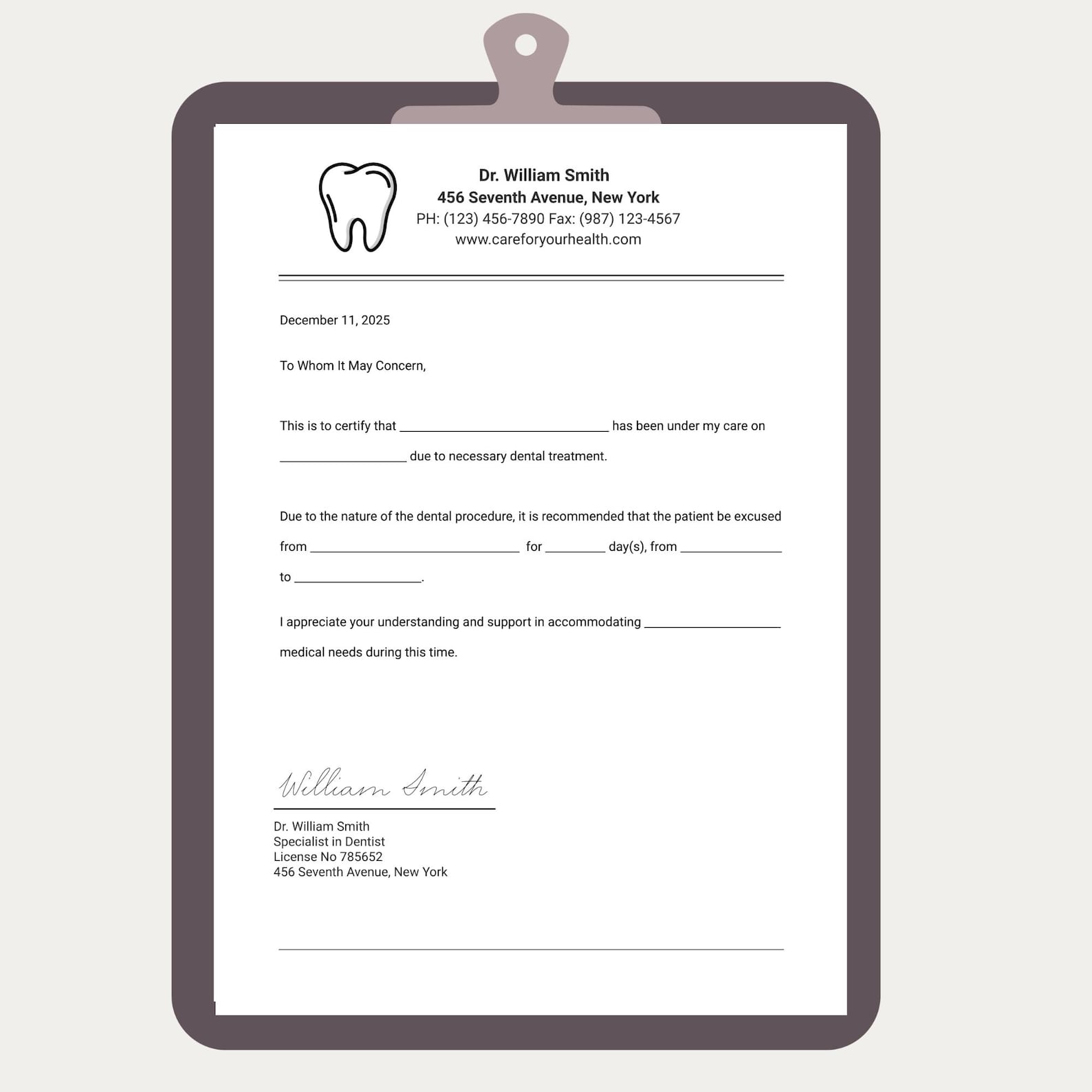 Editable Dentist Excuse Note Template (PDF, Word, Google Docs) - Etsy